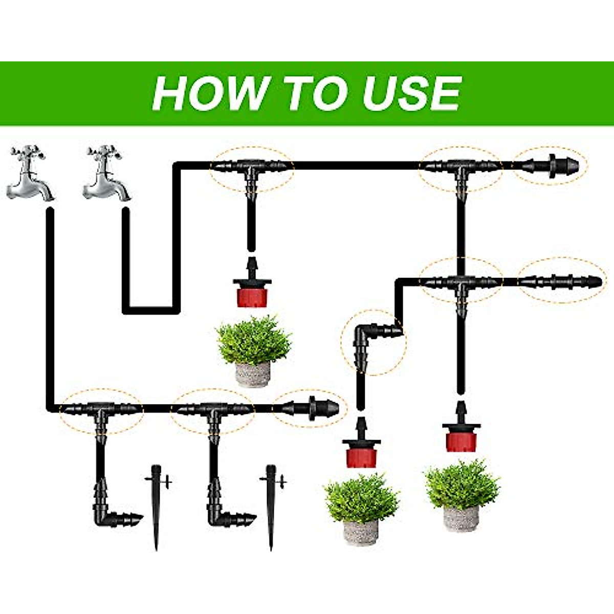 JAYEE Irrigation Fittings Kit for 1/4" Tubing 110 Piece Set - 50 Couplings,30 Tees, 20 Elbows, 10 End Plugs - Barbed Connectors for Drip or Sprinkler Systems