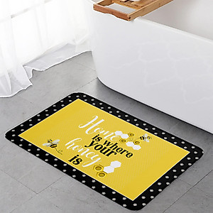 2 Pieces Kitchen Rugs Set Idyllic Bumble Bee Daisy Flower Yellow Back,Water Absorbent Soft Doormat Area Runners Summer Farm Honeybee Floral,Non-Slip Bath Mat for Entryway Bathroom Laundry