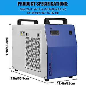 Towallmark Industrial Water Chiller CW5200, 6L Capacity 0.9hp 2.6gpm Water Cooling System for 60W 70W 80W 90W 100W 120W 130W 150W CO2 Laser Engraving & Cutting Machines, Cools 5200 BTU/Hour