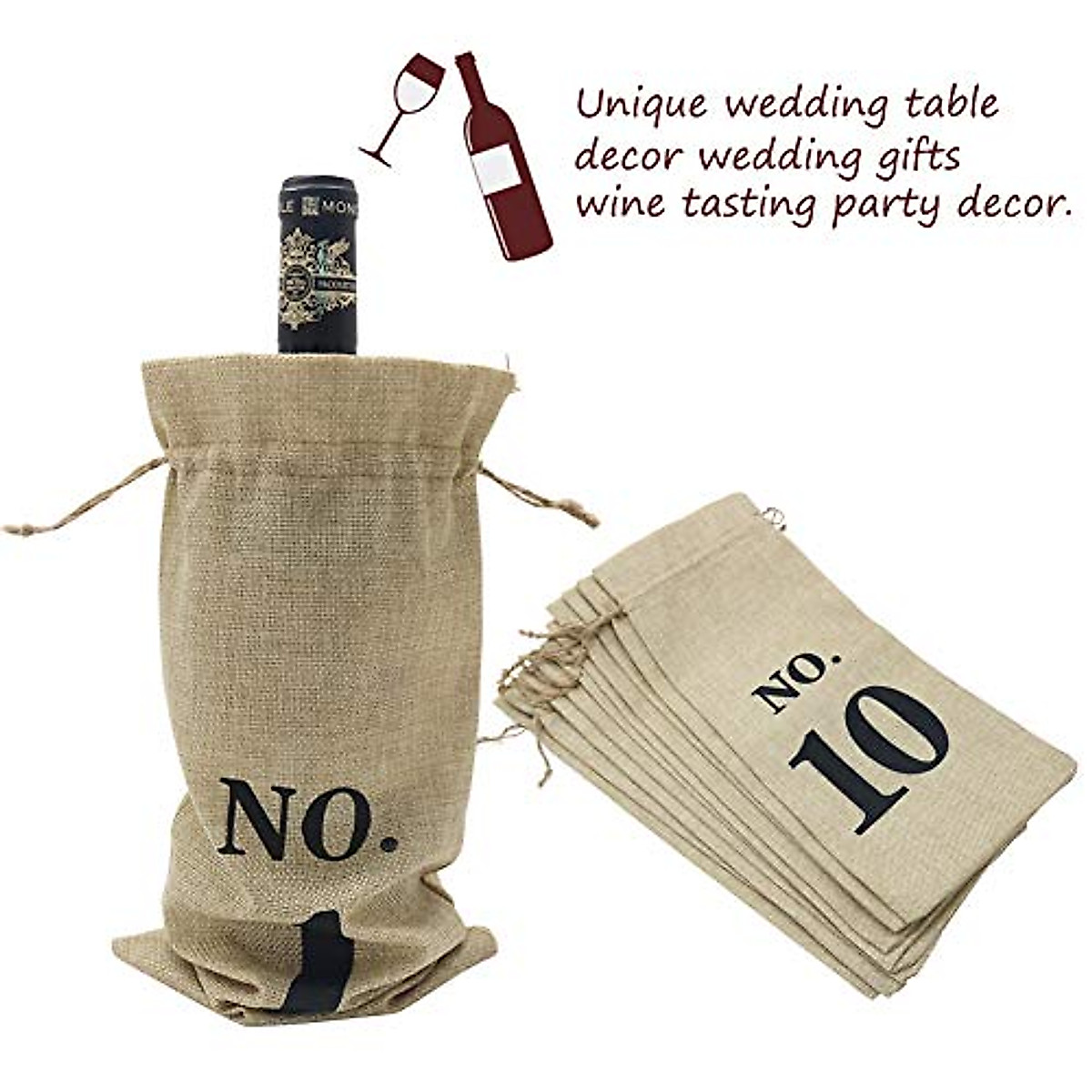Shintop 10pcs Jute Wine Bags, 14 x 6 1/4 inches Hessian Numbered Wine Bottle Gift Bags with Drawstring for Blind Wine Tasting (Brown)