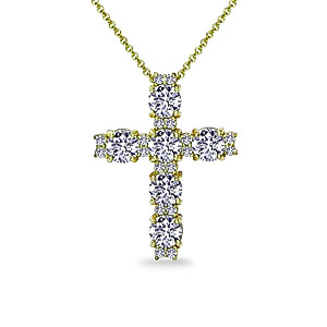 B. BRILLIANT Yellow Gold Flashed Sterling Silver Round-cut AAA Cubic Zirconia Large CZ Christian Gold Cross Necklace for Women with Gift Box