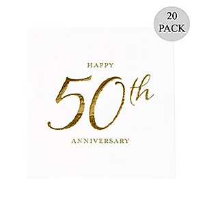 X&O Paper Goods TW4-19878 Happy 50th Anniversary Disposable Paper Cocktail Napkins, 5'' x 5'', Gold Foil, 20pcs