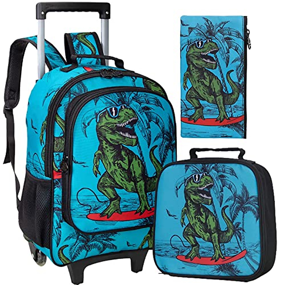 3PCS Rolling Backpack for Boys, Kids Roller Wheels Bookbag, Wheeled School Bag with Lunch Bag - Dinosaur