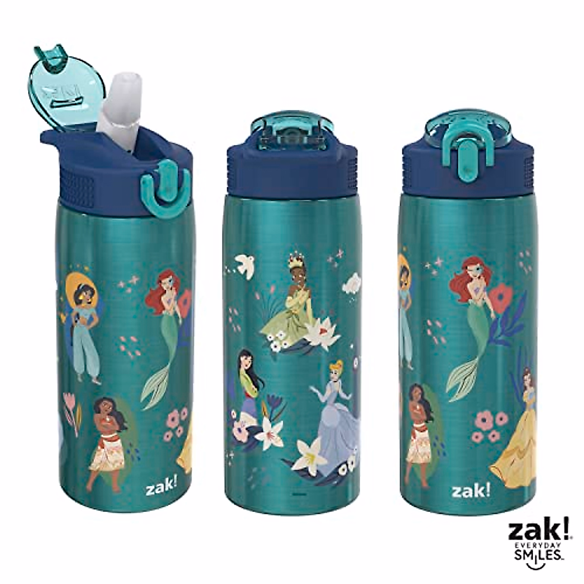 Zak Designs Disney Princess Water Bottle for Travel and At Home, 19 oz Vacuum Insulated Stainless Steel with Locking Spout Cover, Built-In Carrying Loop, Leak-Proof Design (Disney Princess)