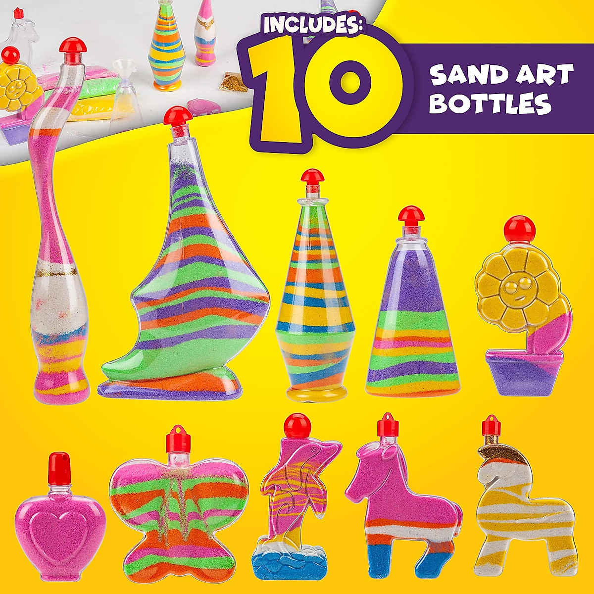 Creative Kids Sand Art Activity Kit for Kids-10 Sand Art Bottles &10 Colored Cool Sand Bags+Glitter Sand-Create Your Own Sand Art-DIY Arts & Crafts Gifts for Kids Boys Girls Age 6+ Packaging May Vary