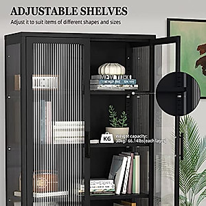 Prohonbec Double Fluted Glass Door Storage Cabinet with Adjustable Shelves, Tall Freestanding Display Sideboard Bookshelf Cupboard for Living Room, Kitchen, Office