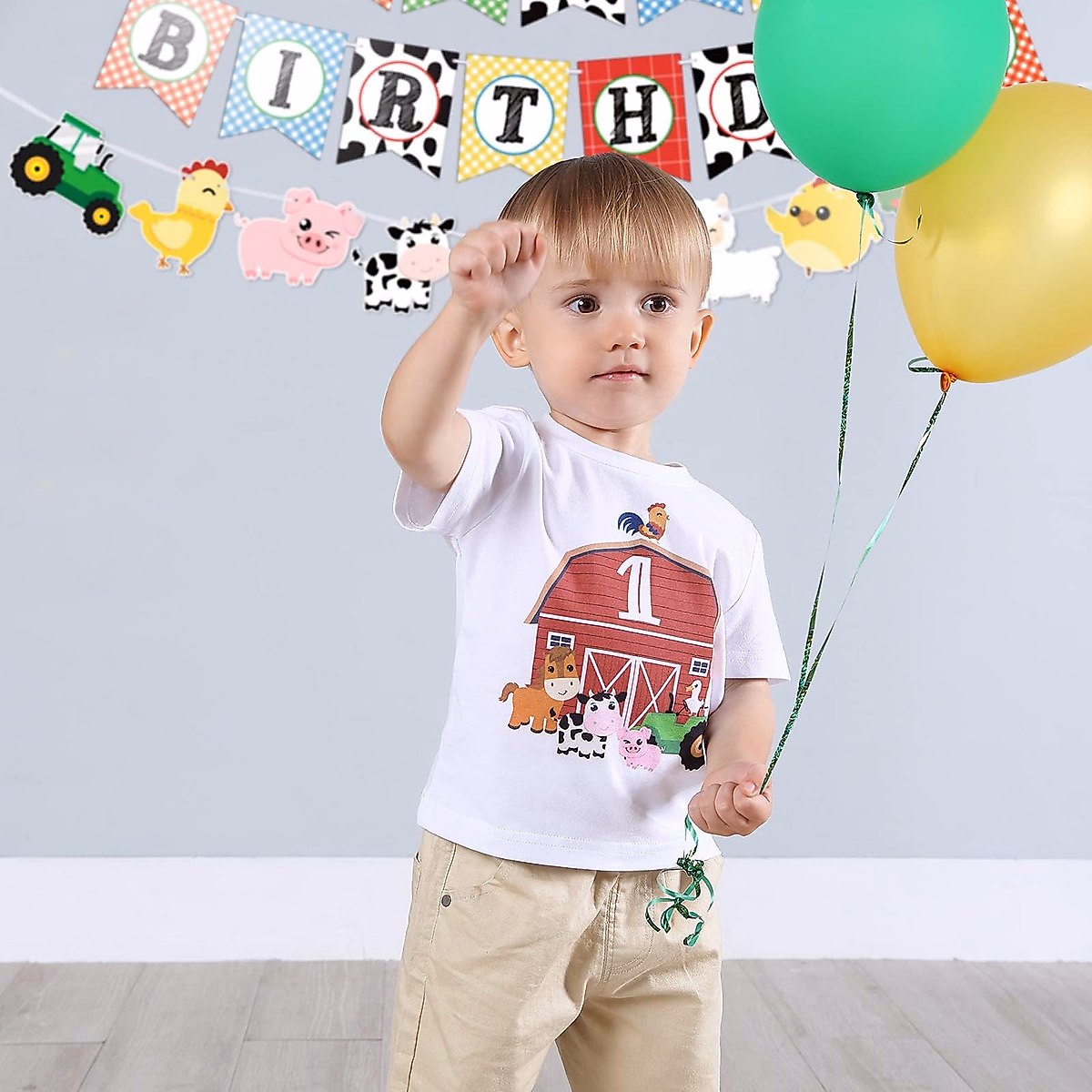 1st Birthday T-Shirt Baby Boy Toddler Farm Animal One 1 Year Old B-Day Tee Gift First Farm Animals Themed Birthday Party Top Tee Cotton T Shirt Printed Short Sleeve Outfit(White, 1T, 1_Year)