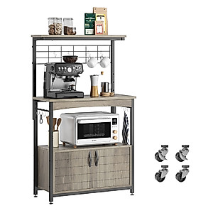 Bestier Microwave Stand with Storage Cabinet, Height-Adjustable Bakers Racks for Kitchen with Wheels & Feet, Industrial Rolling Coffee Bar Shelf with 10 S-Hooks Grey Wash