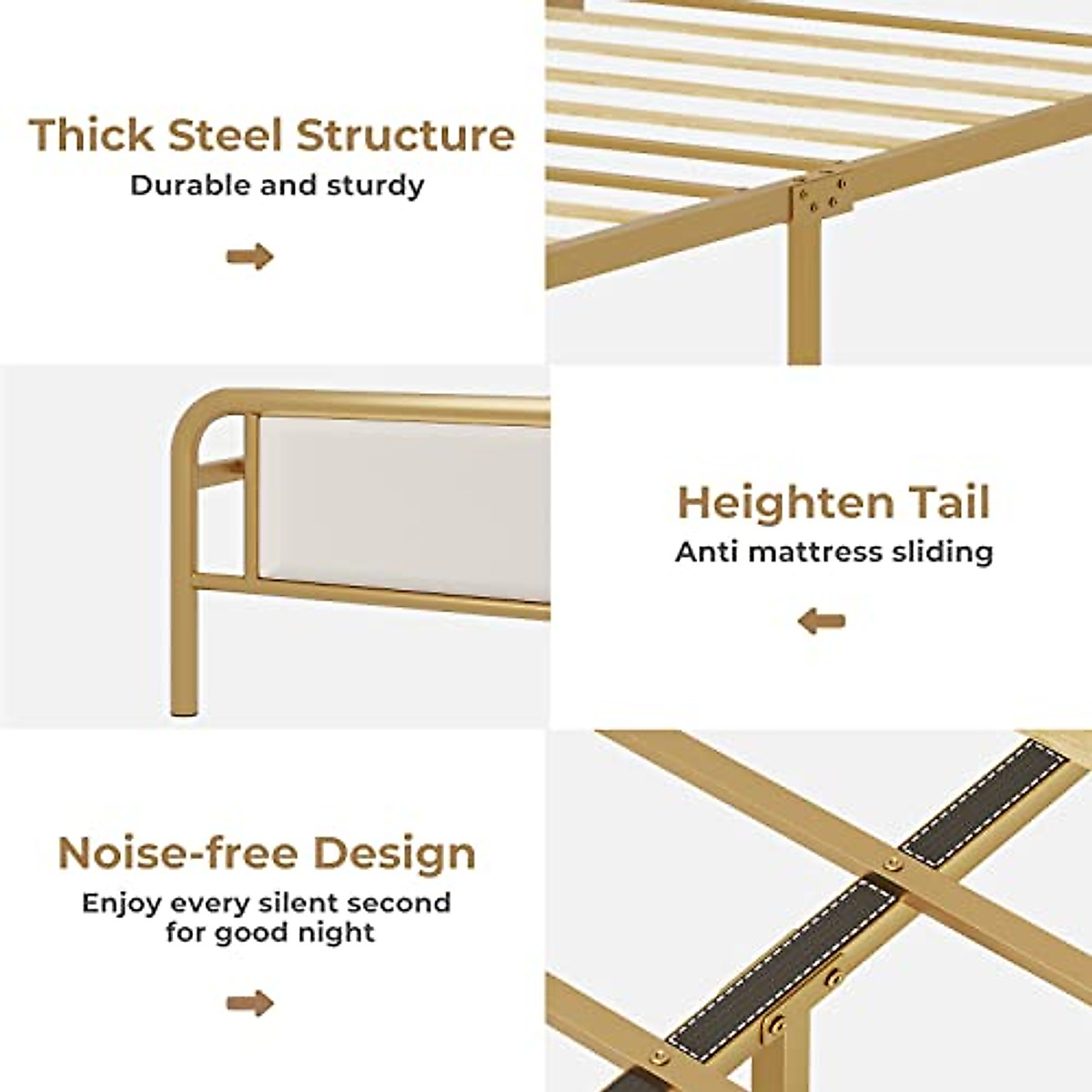 Hasuit Queen Size Bed Frame with Tufted Upholstered Oval Headboard, Heavy Duty Golden Metal Bed Frame Metal with Wooden Slats, Easy Assembly, No Box Spring Needed