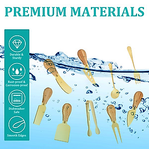 Cheese Knife Set Gold Charcuterie Board Accessories Wooden, Serving Utensils Wood Handle Butter Spreader Knives Kit With Mini Tongs, Spoon, Fork, Flags Markers, Honey Dipper And Food Picks (25 Pieces)