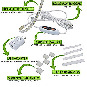 Madam Sew Sewing Machine Light Strip, 12” USB LED Light Strip with Clean White Lights for Brother, Janome, Babylock, Pfaff – Dimmable Strip Light for Sewing Machine with 98” Power Cord and Clips