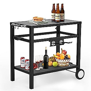 Outdoor Grill Cart Pizza Oven Stand with Foldable Side Table, 33.5" x 19.7", BBQ Prep Table with Wheels & Hooks, Side Handle, Double-Shelf Grilling Cart Tabletop Griddle Cooking Station,Silver
