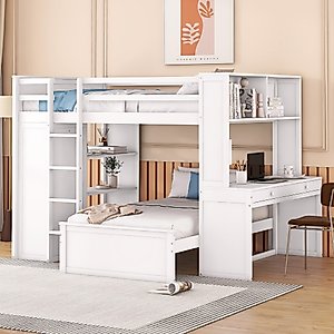 Full Over Twin Bunk Beds with Desk and Drawers , Wooden Full Size Loft Bed with Removable Twin Bed , Wardrobe and Shelves , Storage Bunk Bed with Ladder & Guardrails for Kids Girls Boys , White