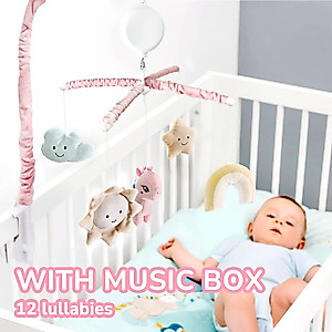 FEISIKE Baby Crib Mobile for Girls with 3 Modes Digital Musical Box（Turn Only, Music Only, Turn & Music), Volume Control, 12 Lullabies, Pink, Nursery Toys for Newborn Ages 0 and Older, Knob Type