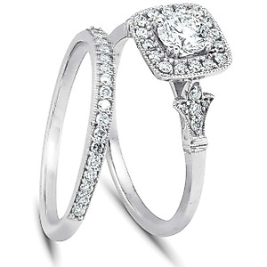 3/4 CT Diamond Cushion Halo Engagement Ring Matching Wedding Band 14k White Gold - Size 6