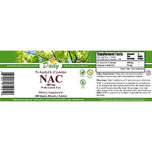 Daily NAC (N-Acetyl-L-Cysteine & Organic Garlic Extract) Tablet - Immune Support Herbal Supplement, Vegan, Quick Dissolve - 1 Bottle