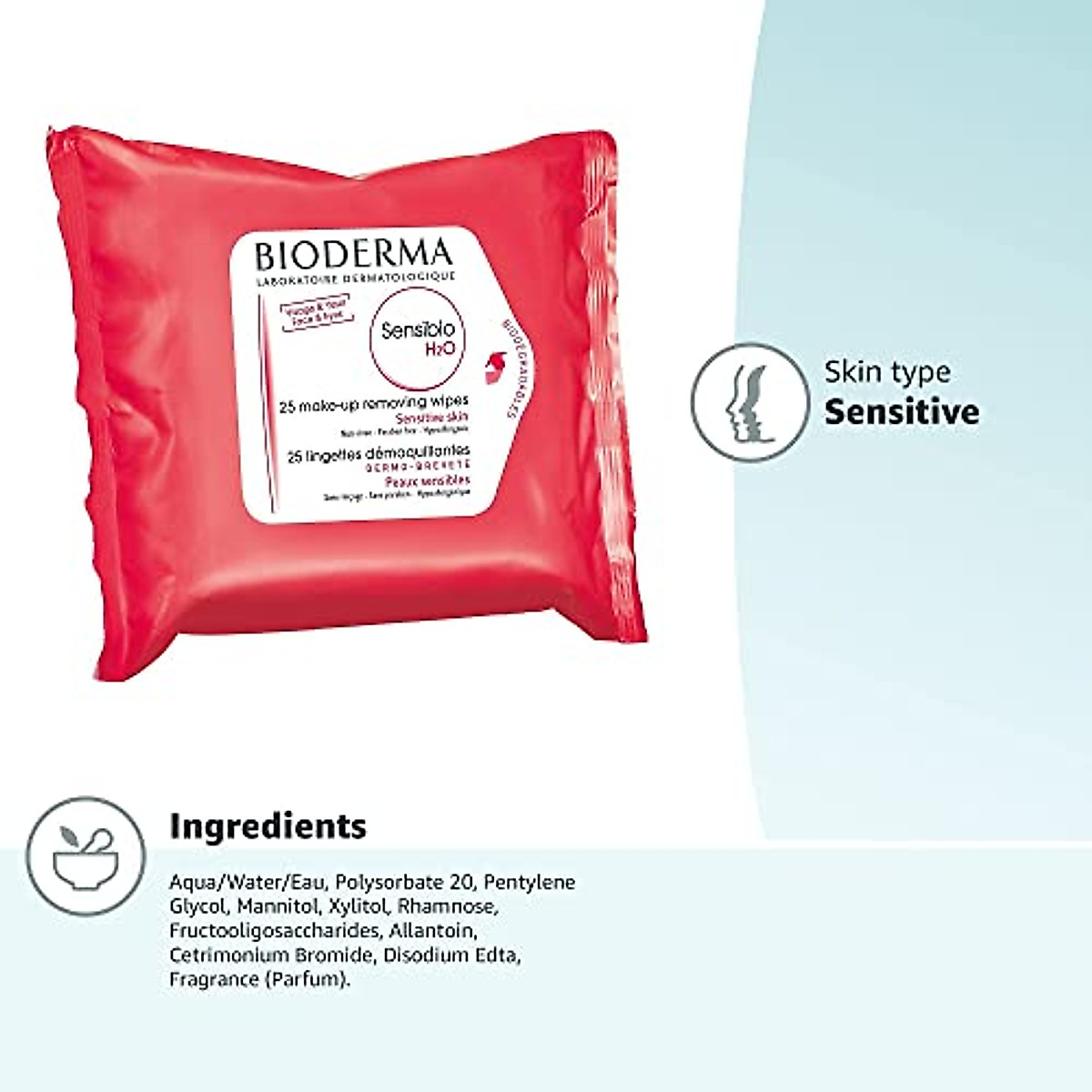 Bioderma - Sensibio H2O - Biodegradables Wipes - Cleansing and Make-Up Removing - Skin Soothing - for Sensitive Skin - 25 Wipes