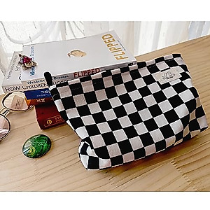 HAPPYHEIDI Women Checkered Corduroy Makeup Bag Cosmetic Pouch Purse Organiser, Canvas Lining, Cute Black White
