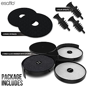 Esatto Glass Salt Rimmer 3 Tier for Margarita Tray and Cocktail, Black with 2 Extra Sponge’s + 3 Pourers – Apply Salt, Sugar, and Lime Juice for Better Drinks and Efficient Drink Preparation