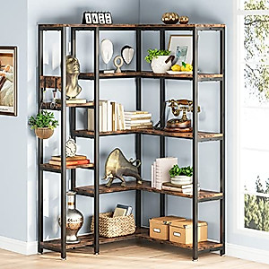 TIYASE 5-Shelf Corner Bookshelf, Modern Large Corner Etagere Bookcase, 5-Tier Tall Corner Shelf Display Storage Rack with Metal Frame for Living Room Home Office, Rustic Brown