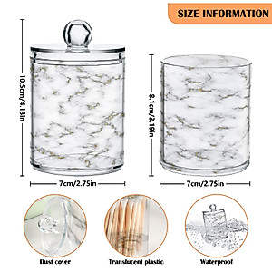 Marble Nature Texture Qtip Dispenser Apothecary Jars White Stone Grain Veins Bathroom Qtip Holder Storage Canister Plastic Jar 10 Oz for Cotton Ball Swab Round Pads Floss 2pcs