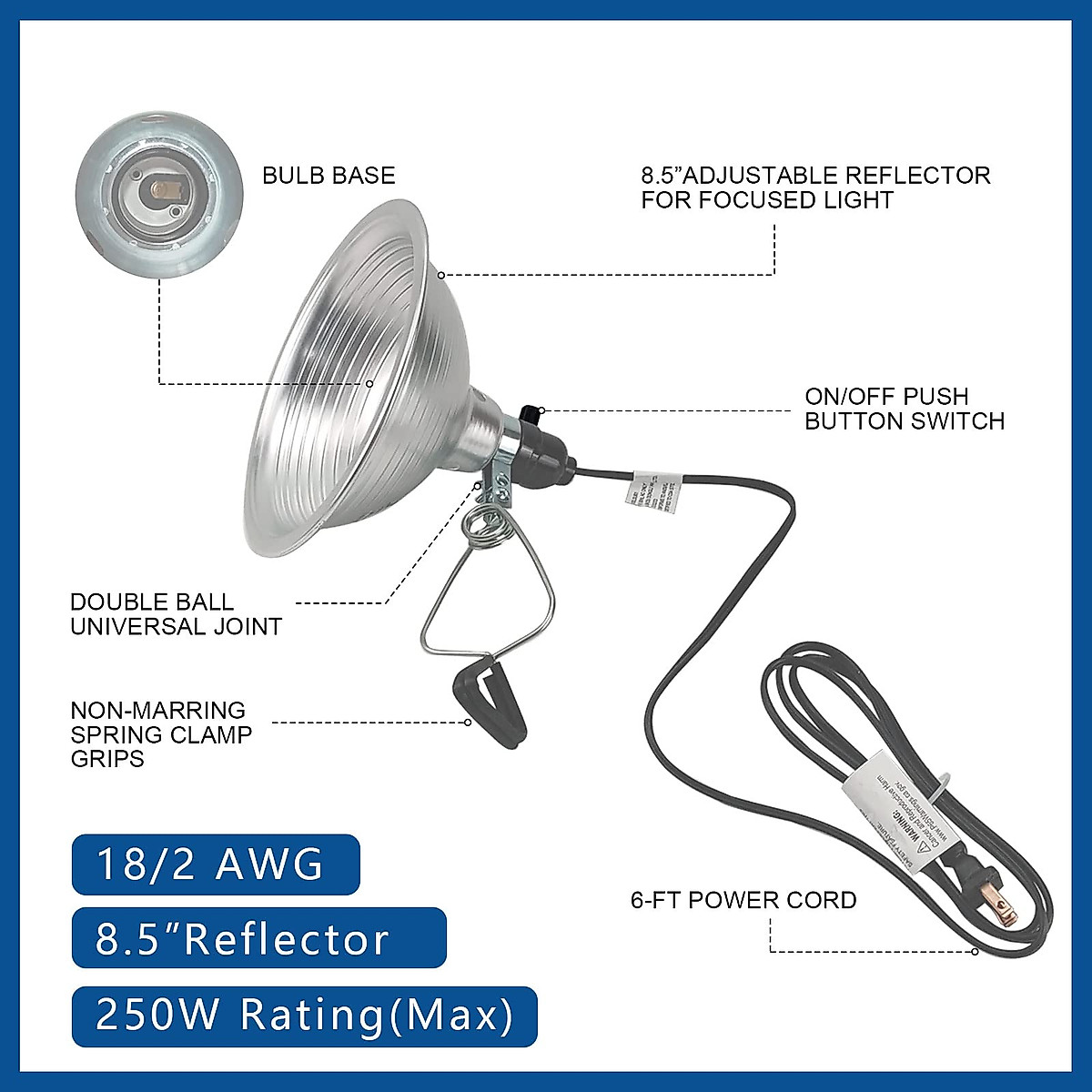 GREATIDE Clamp Lamp Light with Detachable 8.5 Inch Aluminum Reflector, 150 Watt E26 Socket (No Bulb Included), 6 Foot 18/2 SPT-2 Cord Cord