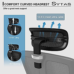 Sytas Ergonomic Office Chair, Home Office Desk Chair with Lumbar Support and Adjustable Headrest, High Back Mesh Computer Chair with Thickened Cushion, 90°-145°Tilt Function, Black