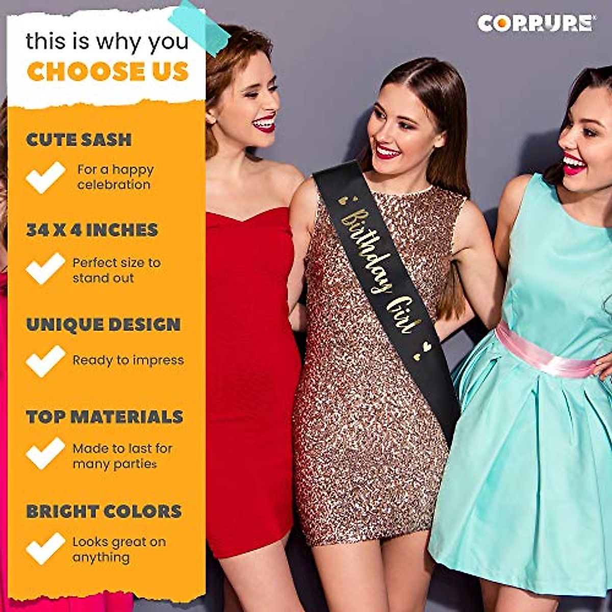 CORRURE 'Birthday Girl' Sash with Gold Foil - Soft Satin Black Sash for Women - Happy Birthday Sash for Queen, Sweet 16, 18th 21st 25th 30th 40th 50th or Any Other Bday Party