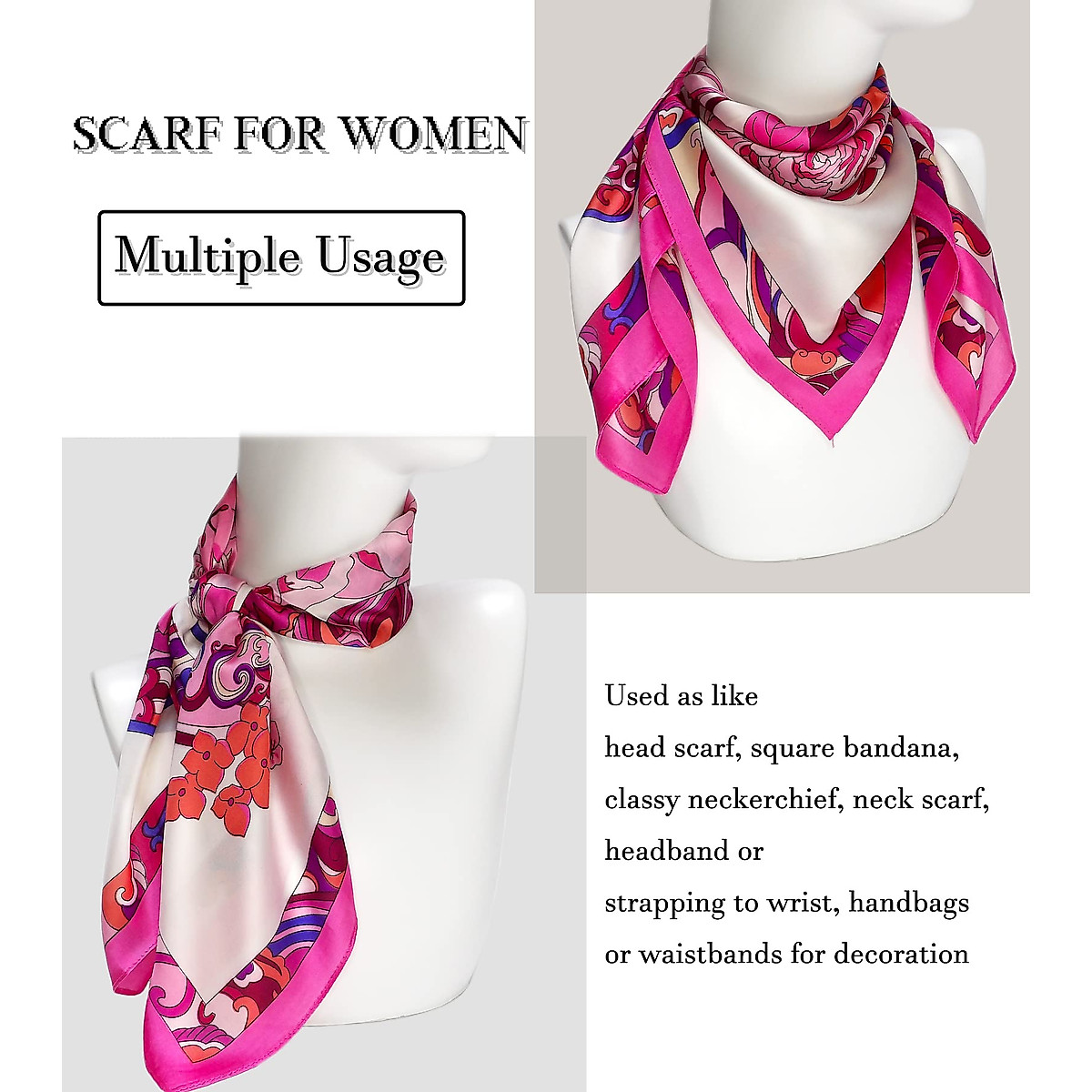 27.5'' Silk Feeling Scarf Medium Square Satin Head Neck Scarf for Women Hair Sleeping at Night，16-Pink