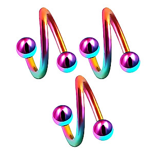 bodyjewellery 14g 14 gauge 3/8 Rainbow surgical steel eyebrow lip bar ear tragus Twist earring ring spiral Barbell ball AQTI Piercing 3pcs