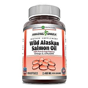 Amazing Omega Wild Alaskan Salmon Oil 2400mg Per Serving 120 Softgels Supplement | Omega-3, EPA/DHA, Vitamin D & Astaxanthin