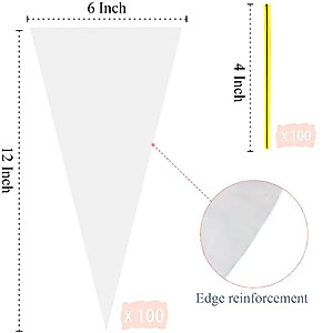 Onkuly 100 Pcs Cone Bags 6" X 12" Clear Popcorn Bags Gift Wrap Cellophane Bags with 100 Twist Ties for Treat, Candy