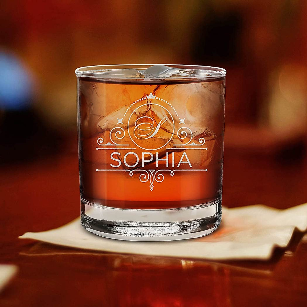 Personalized Monogram Engraved Bourbon Whiskey Rocks Glass 11 oz, Custom Drinking Gift with Initial and Name for Him, Her