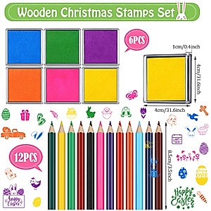 Yexiya 48 Pieces Valentine Stamps Wooden Rubber Stamps with Ink Pad Colored Pencil Ink Pad Coloring Pencil Art Supplies Set for DIY Party Favor Gift(Bunny Style)