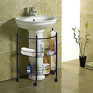 L&H Unico Pedestal Under the Sink Rack with 2 Storage Shelves Metal Bathroom Organizer with Wheels and Towel Holder, Black
