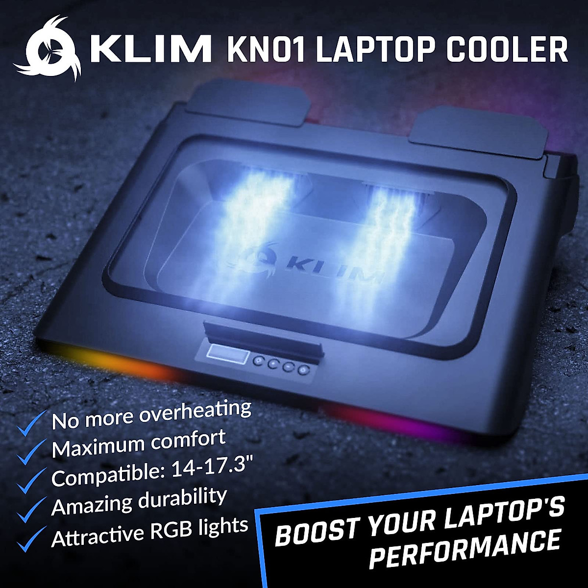 KLIM KN01 RGB Laptop Cooling Pad - New 2023 - Powerful Turbo-Laptop Fans (3600 RPM) - Rubber Seal and Dust Filters for Maximum Performance - Gaming Laptop Cooler to Avoid Overheating - 15.6-17.3 inch