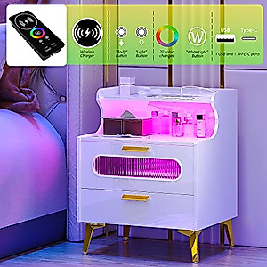 Dystler Nightstand with Wireless Charging Station RGB Smart Night Stand with Human Sensor Design Bedside Table with 2 Drawers LED Modern end Table for Bedroom Livingroom, White