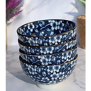 Ebros Gift Made in Japan Ming Style Blue And White Summer Floral Blossom Design 12oz Rice Soup Cereal Porcelain Bowls Set of 4 Home Decor Zen Asian Fusion Accent Housewarming Birthday Gifts Bowl Set