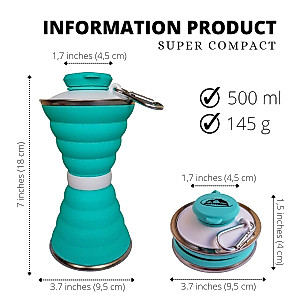 Collapsible water bottles for travel 500 ml, Foldable sports water bottles, small silicone reusable portable water bottle 17 Oz, collapsible water cups for sports hiking running, BPA Free, green