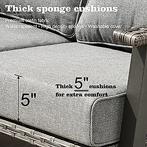 HOOOWOOO Outdoor Patio Furniture Sets,6 Piece Modern Conversation Set with 3 Seat Sofa 2 PCS All-Weather Wicker Chair Tempered Glass Top Table and Ottoman Footstool,Dark Grey Cushions