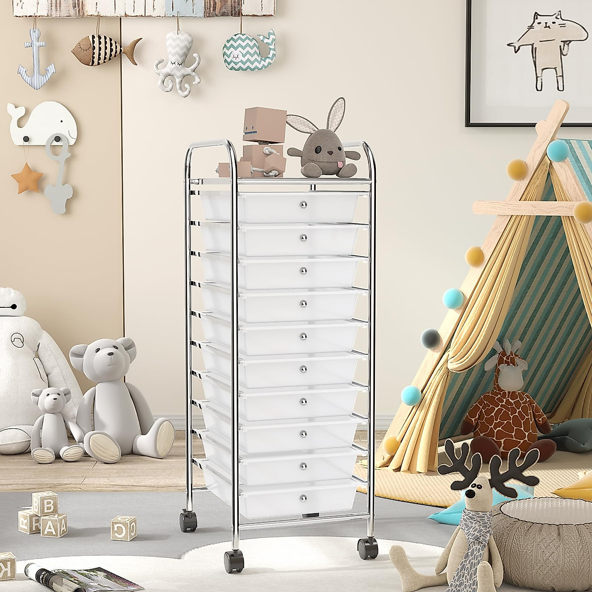 RELAX4LIFE Storage Cart W/10 Drawers,Rolling Wheels Semi-Transparent Multipurpose Mobile Rolling Drawer Cart for School, Office, Home, Beauty Salon Files Arrangement Storage Organizer Cart (Clear)