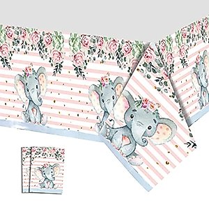 Baby Shower Table Cover Decorations, Pink Elephant Tablecloth Table Cover, Plastic Rectangle Table Decors for Baby Boy Girl Gender Reveal Party Supplies 70.8 x 42.5 Inch (2)