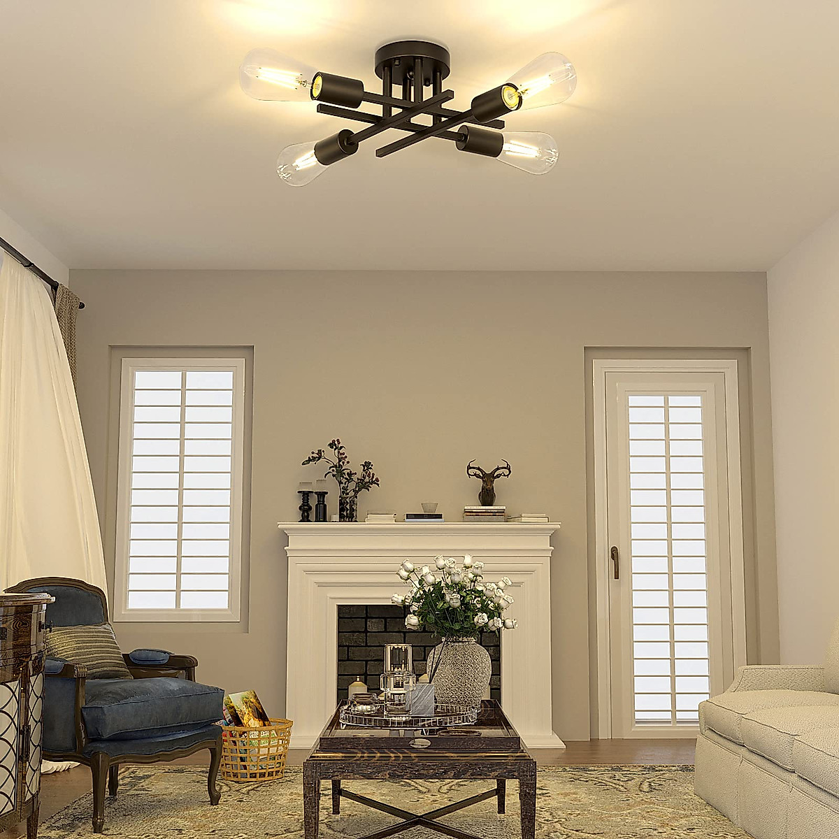 Lomoky Industrial 4-Light Semi Flush Mount Ceiling Light Fixture, Modern Black Close to Ceiling Light, Farmhouse Chandelier Ceiling Lamp for Hallway Kitchen Bedroom Living Room (2 Pack)