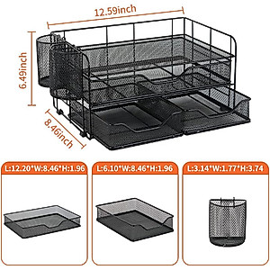 Youbetia Black Minimalist Desk Organizer with 3 Drawer, 2 Pen Holder, 2 Tier Letter Tray, Upper Display Rack, for Office Supplies