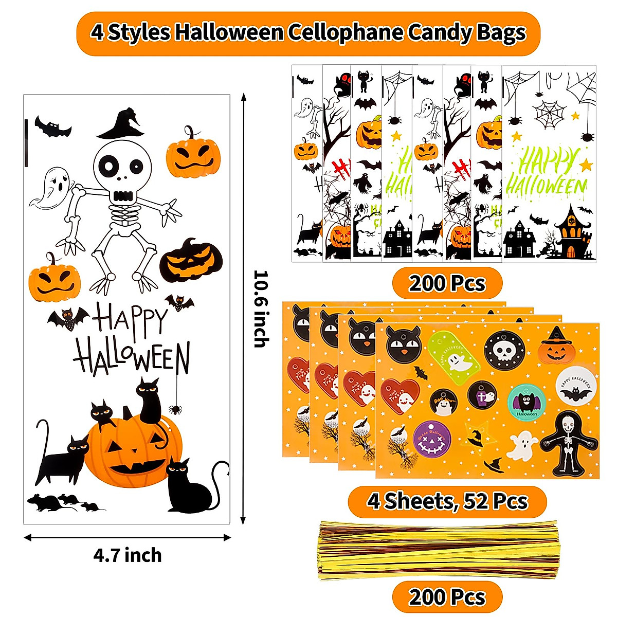 GOMANCHE Halloween Cellophane Treat Bags, 100 pcs Clear Halloween Goodie Bags with 100pcs Twists Ties, 4 Styles Halloween Cellophane Candy Bags with Gift Tag for Kids Halloween Party Supplies