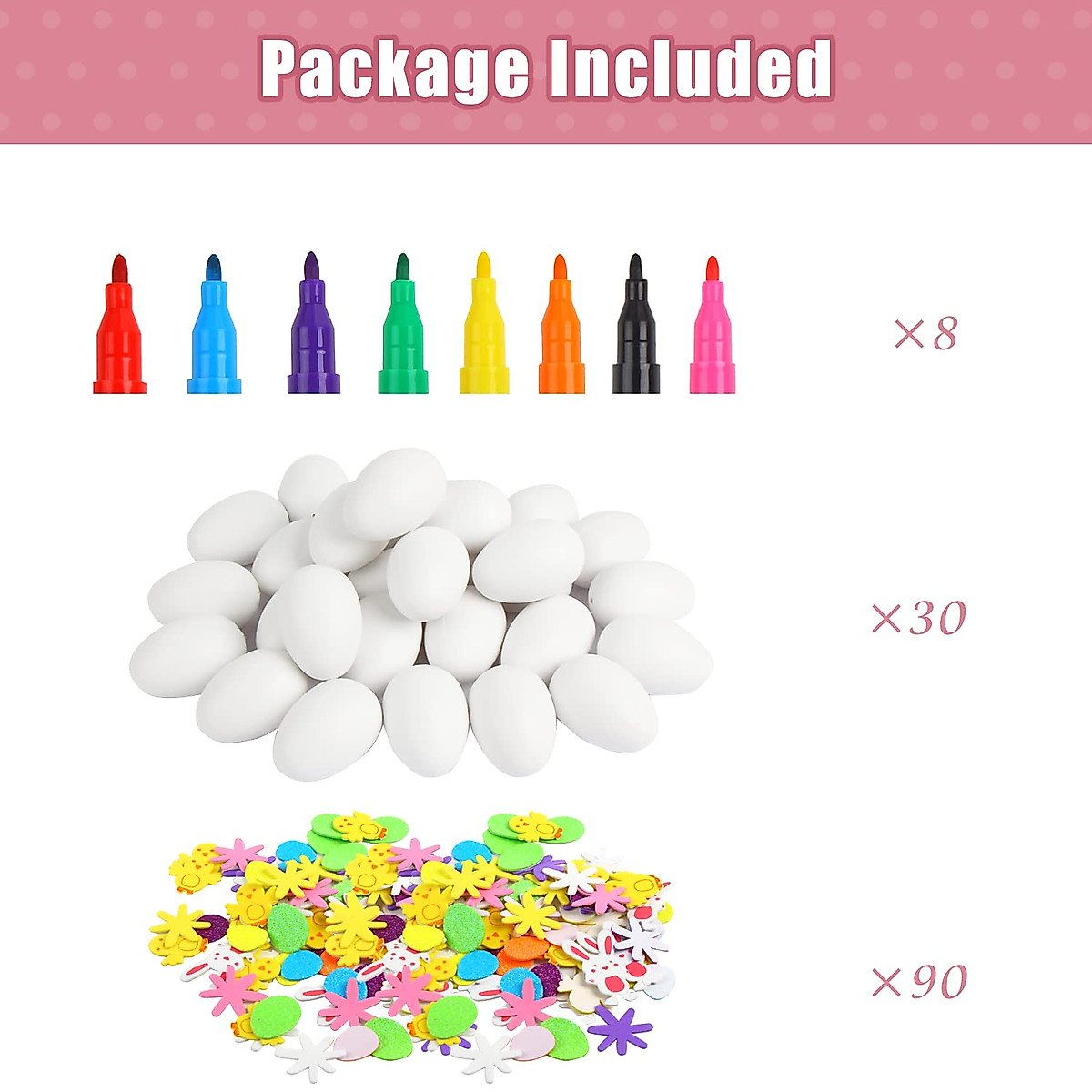 CCINEE Plastic DIY Easter Eggs Set, 30pcs White Egg Ornaments with Rope 8pcs Colored Pens and 80pcs Foam Stickers for Kids Easter Crafts Party Supply