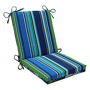 Pillow Perfect Outdoor/Indoor Spring Bling Blue/Sea Island Stripe Square Corner Chair Cushion, 2 Piece Assortment
