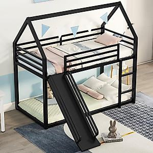 CITYLIGHT Metal Bunk Beds with Slide, House Bunk Bed Twin Over Twin with Roof, Kids Floor Bunk Beds with Built-in Ladder for Girls Boys Toddlers, Black