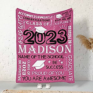 MyPupSocks Personalized Graduation Blanket for Class of 2023, Graduate Class of 2023 Pink Fleece Throw Blanket with School College Name for Granddaughter Grandson Niece Graduation Gifts 30x40