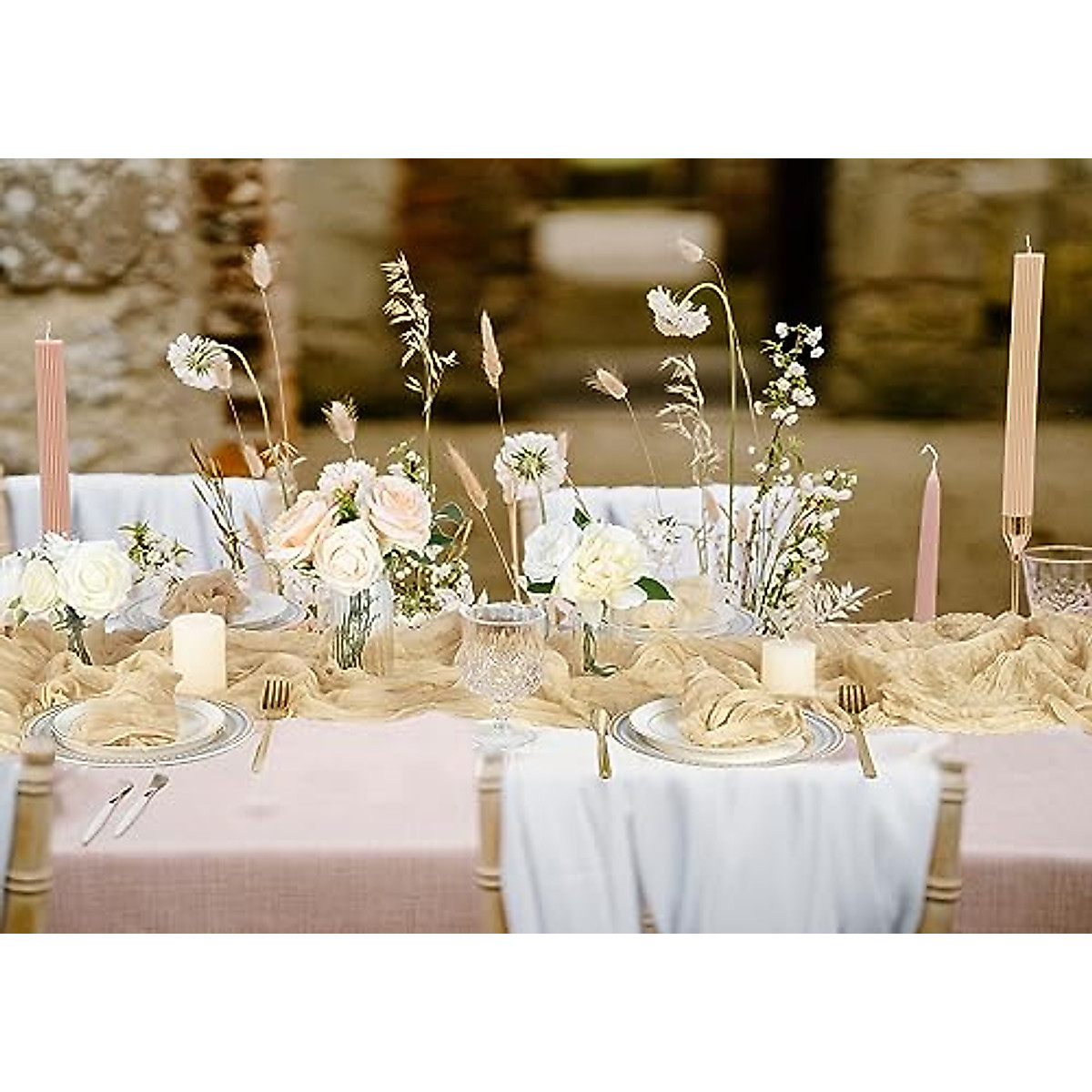 DearHouse 6Pack Cheesecloth Table Runner, Cheese Cloth Boho Gauze Table Runner for Wedding Bridal Baby Shower Birthday Holiday Party Rustic Sheer Table Decorations (Champagne)